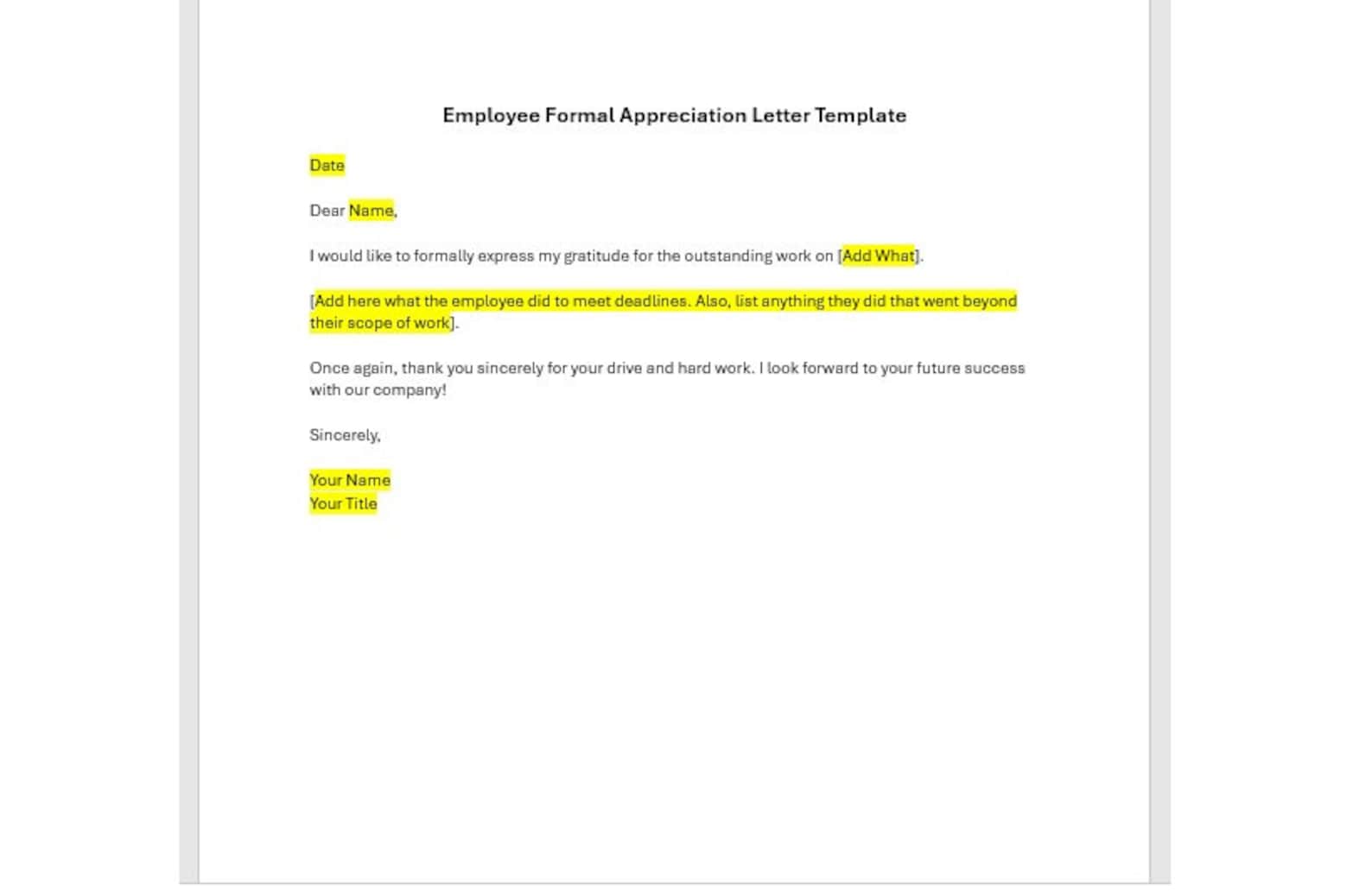 Employee Formal Appreciation Letter Template, Employee Appreciation ...