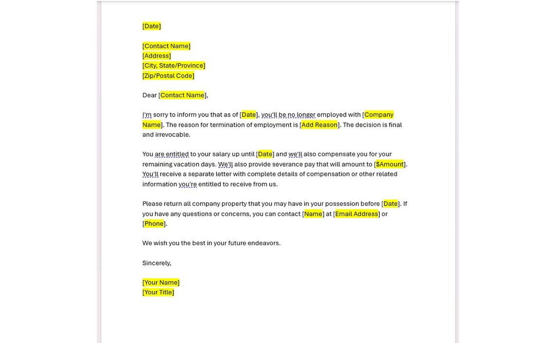Severance Letter Template, Severance Letter, Severance Template ...