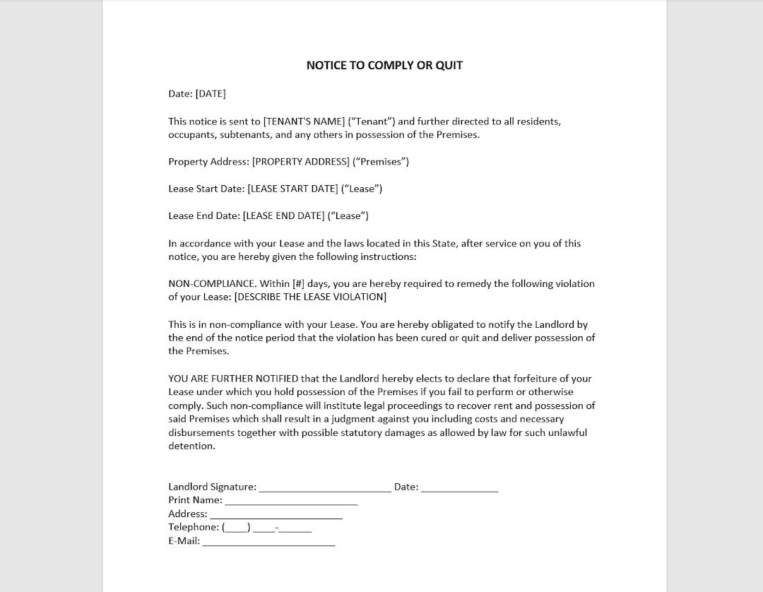 Notice to Comply or Quit Letter Template, Notice to Comply or Quit ...