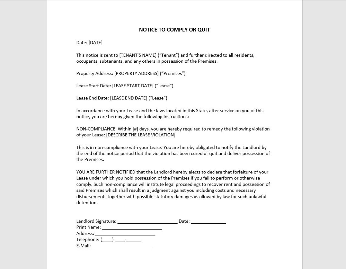 Notice to Comply or Quit Letter Template, Notice to Comply or Quit ...