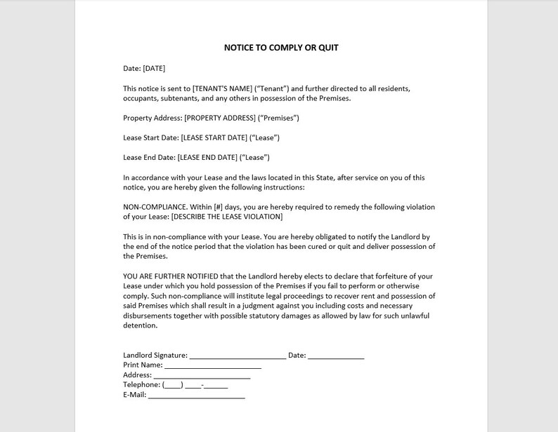 Notice to Comply or Quit Letter Template, Notice to Comply or Quit ...