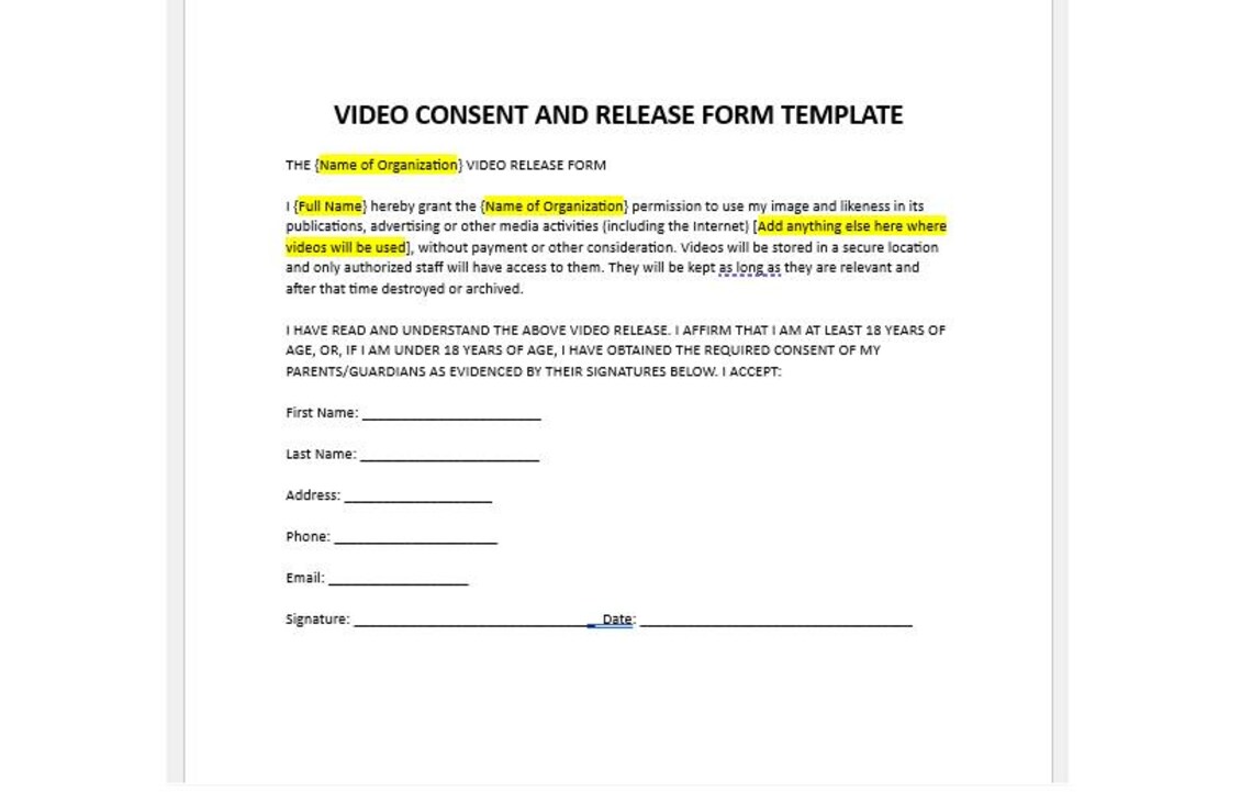 Editable Video Consent Form Template, Consent Form Template, Consent ...