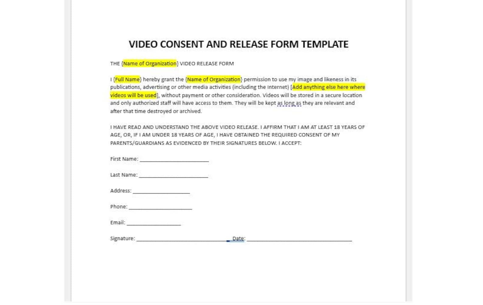 Editable Video Consent Form Template, Consent Form Template, Consent ...
