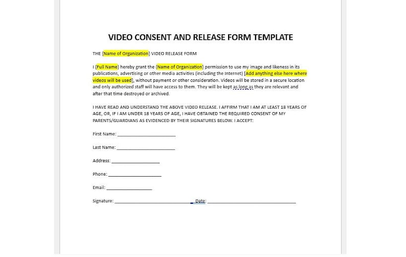 Editable Video Consent Form Template, Consent Form Template, Consent ...