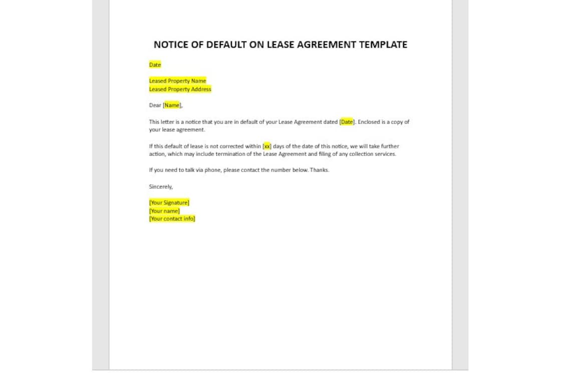 Notice of Default on Lease Agreement, Notice of Default Letter Template ...