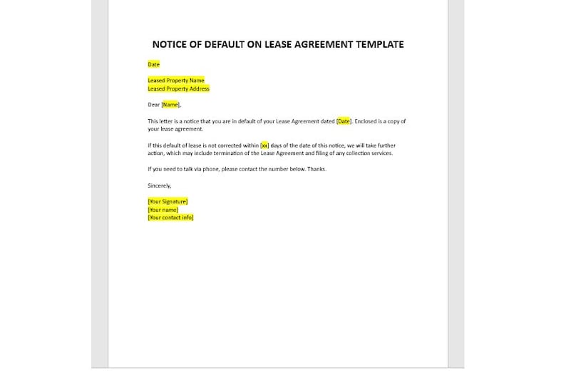 Notice of Default on Lease Agreement, Notice of Default Letter Template ...