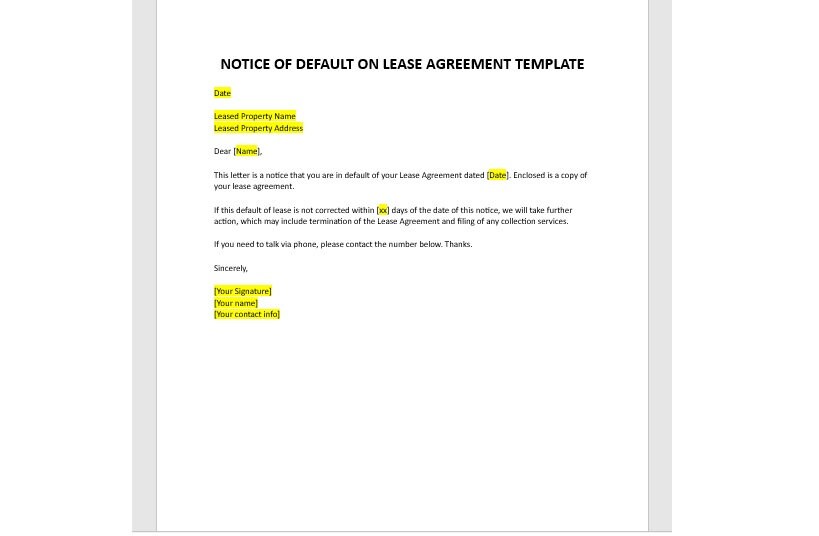 Notice of Default on Lease Agreement, Notice of Default Letter Template ...