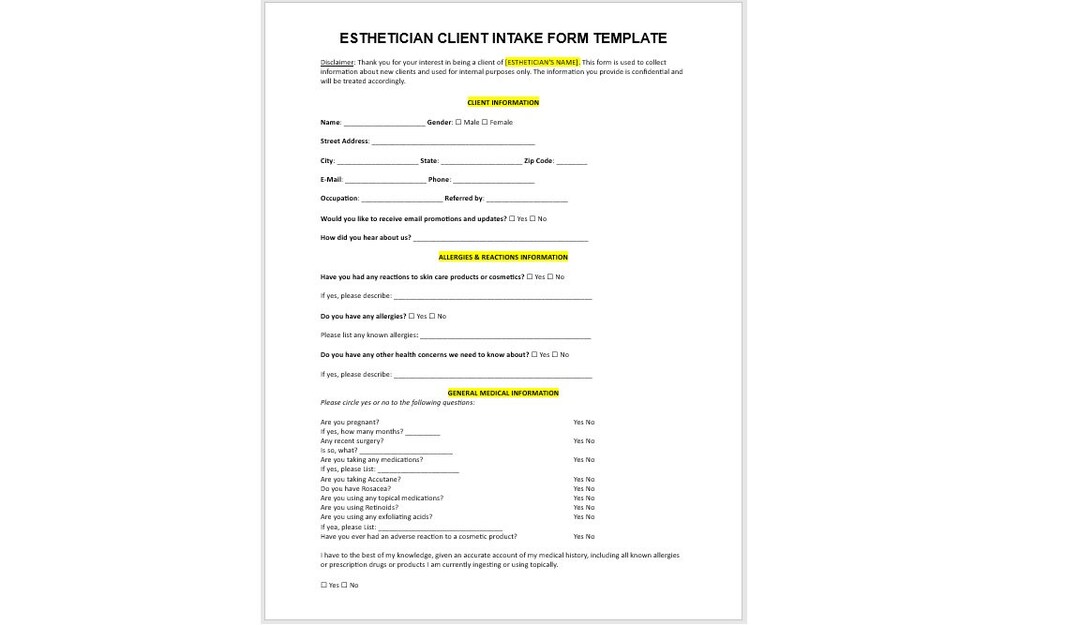 Esthetician General Client Intake Form Template, Client Intake Form ...