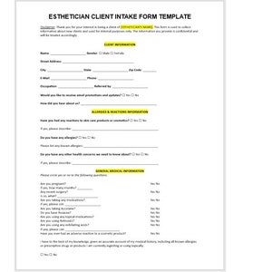 Esthetician General Client Intake Form Template, Client Intake Form, General Form, Intake Form ...
