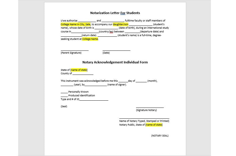 Notarization Letter for Students, Notary Acknowledgement Form Template ...