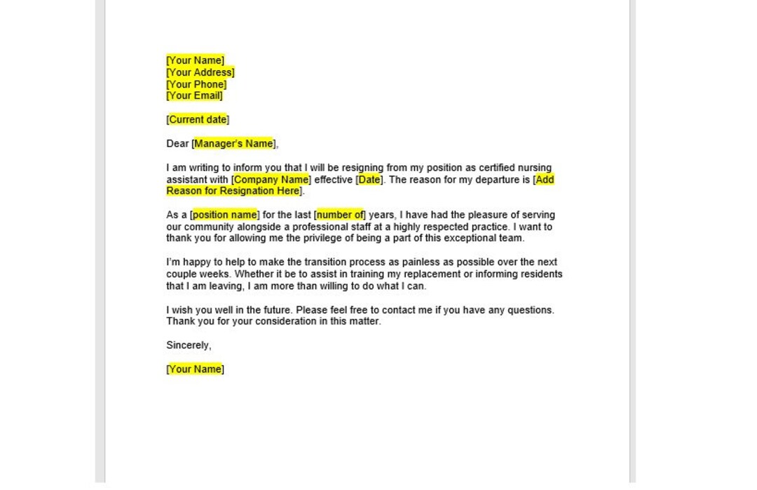 Certified Nursing Assistant Resignation Letter Template, Resignation ...