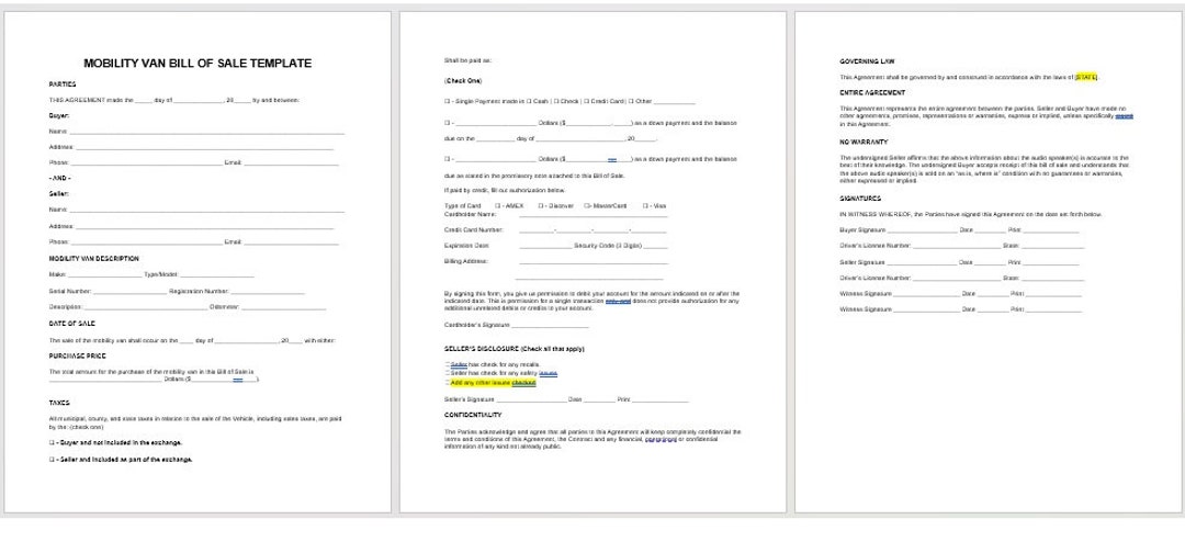 Editable Mobility Van Bill of Sale Template, Editable Bill of Sale ...