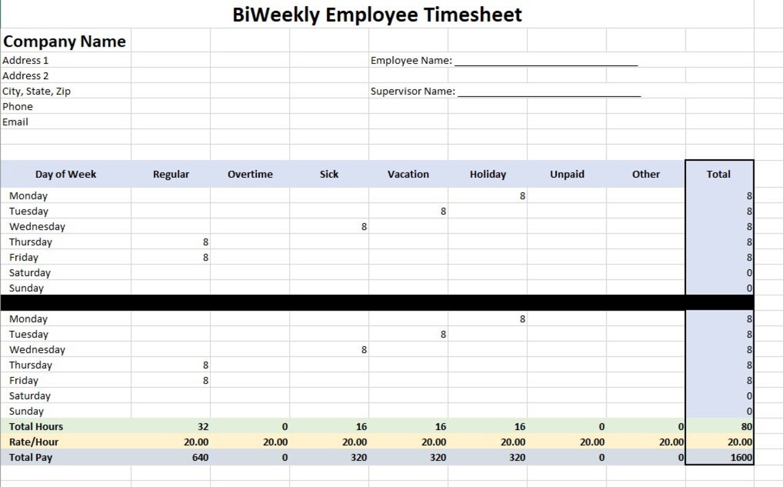 Editable Biweekly Timesheet, Biweekly Timesheet, Biweekly Timesheet ...