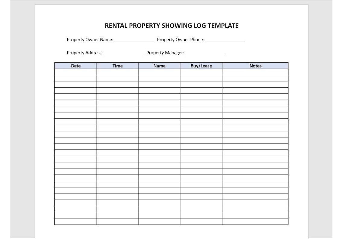 Editable Log, Rental Property Showing Log, Showing Log, Rental Property ...