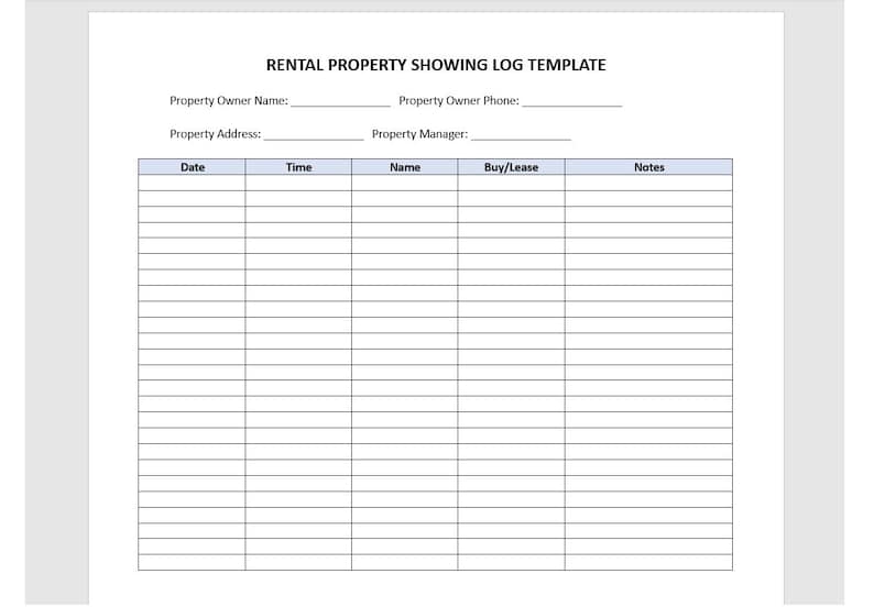Editable Log, Rental Property Showing Log, Showing Log, Rental Property ...