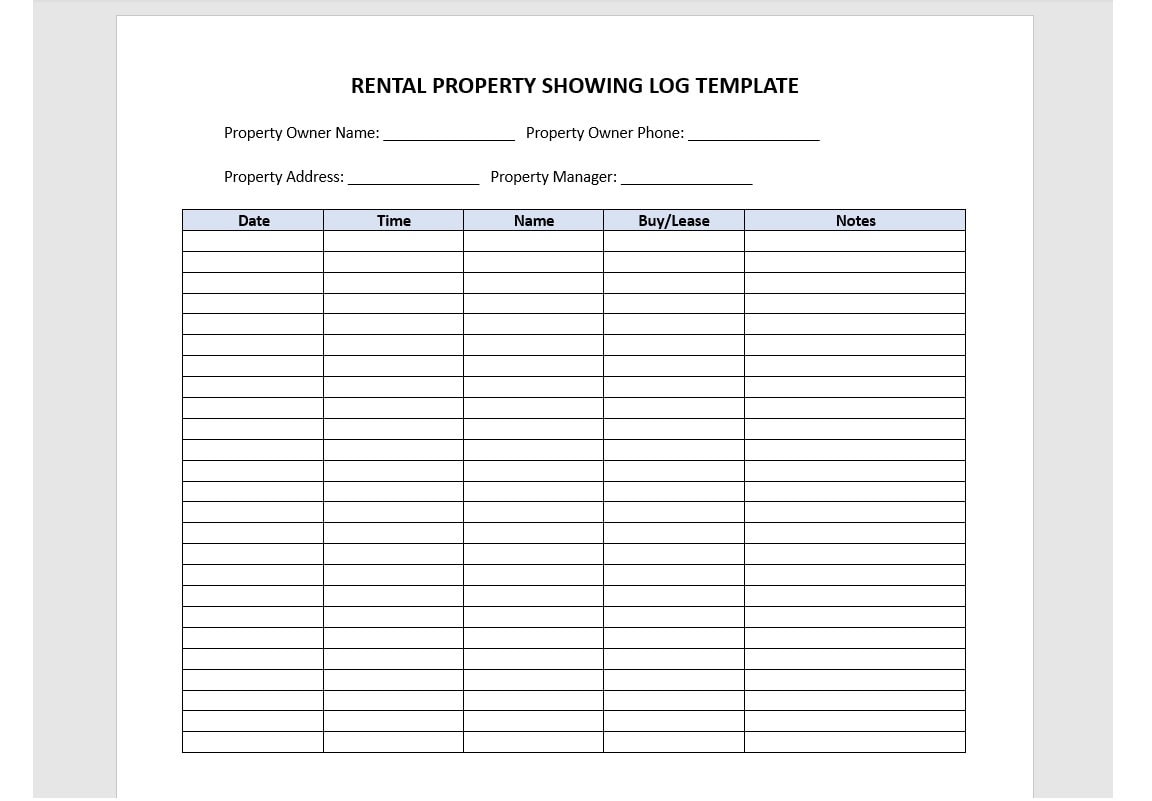 Editable Log, Rental Property Showing Log, Showing Log, Rental Property ...