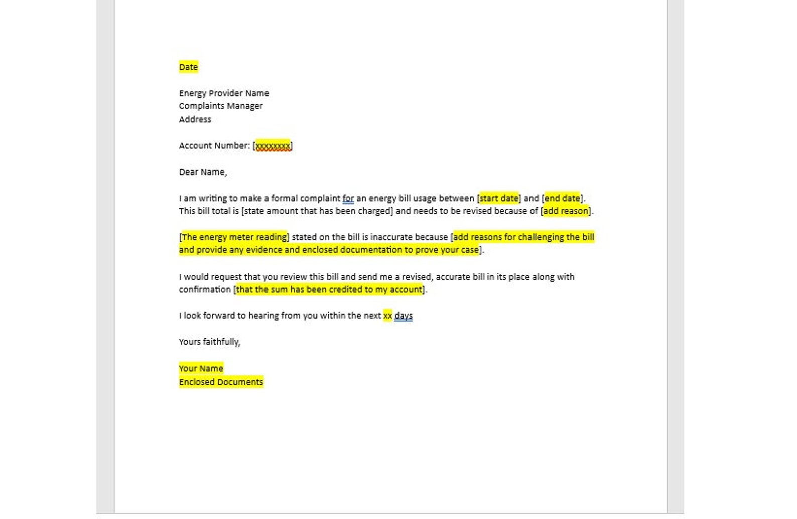 Energy Bill Overcharge Complaint Letter Template, Overcharge Complaint ...