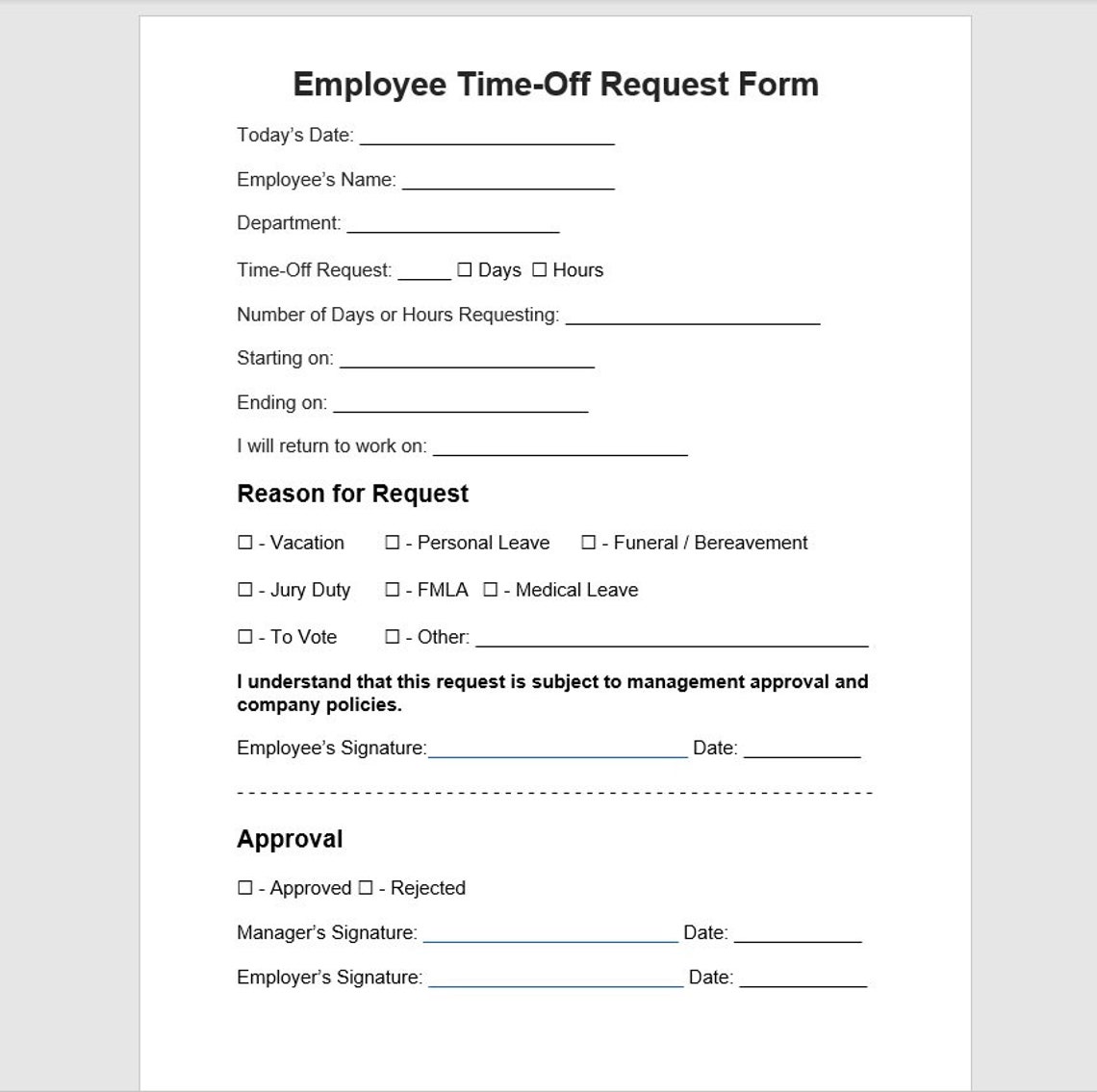 Time off Request Form Template, Time off Request Form, Employee Time ...