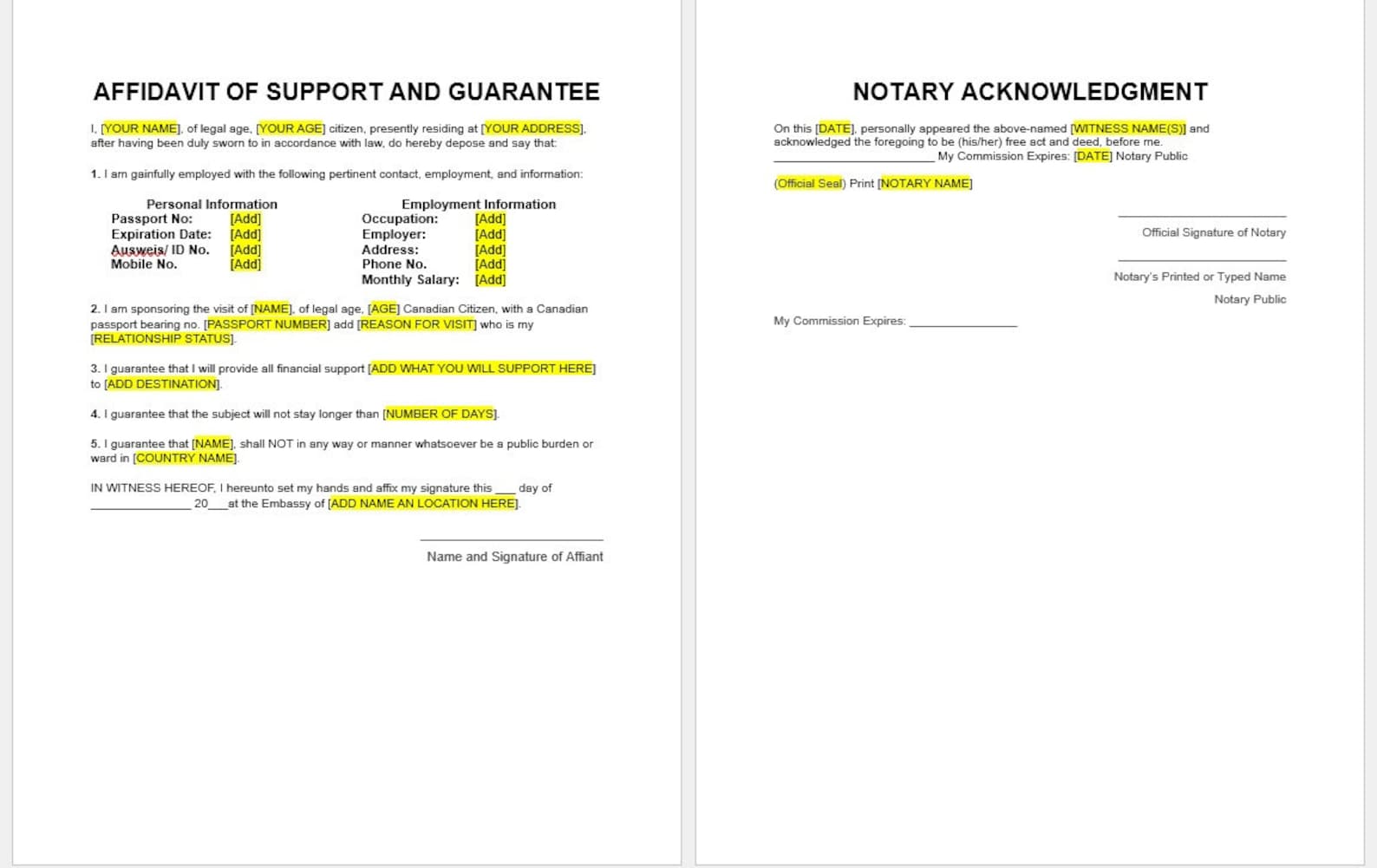 Affidavit of Support and Guarantee, Affidavit of Support and Guarantee ...
