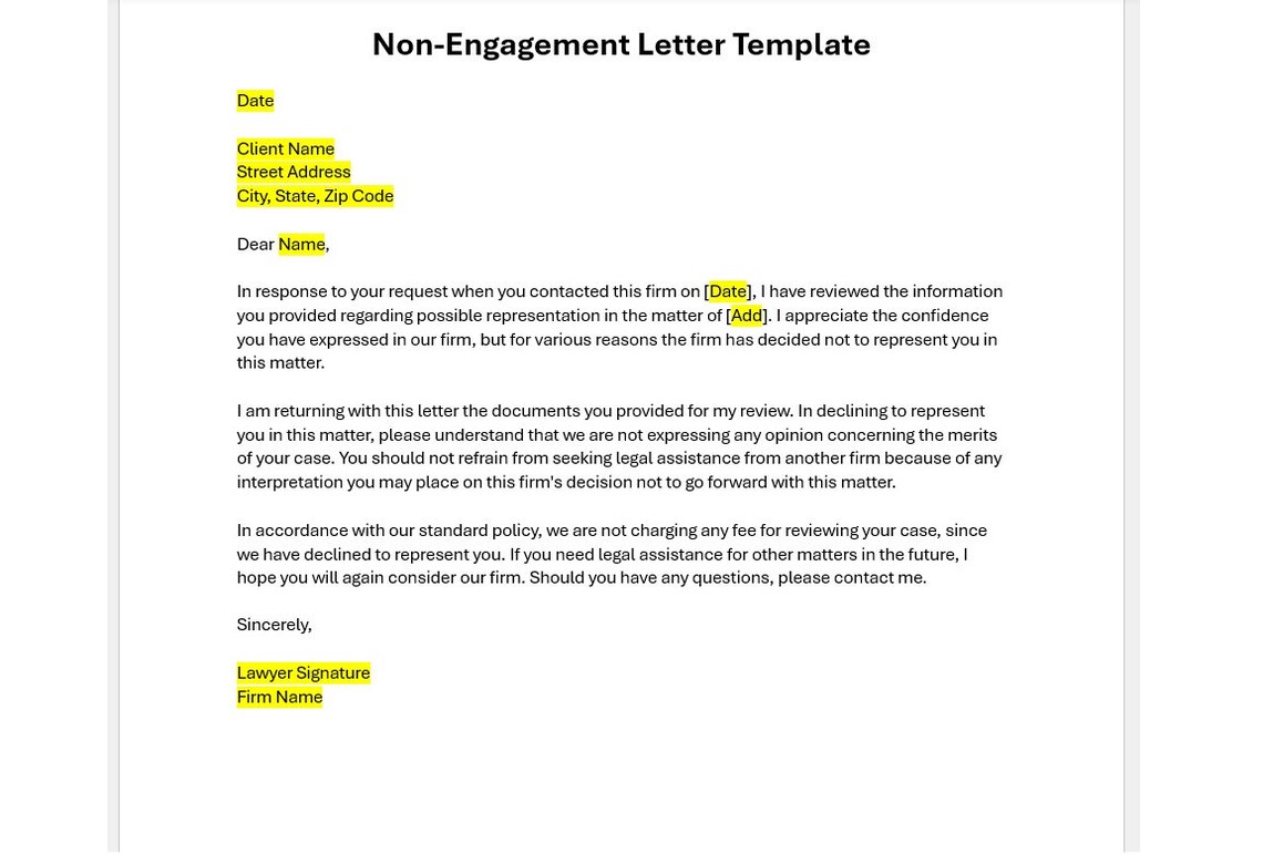 Editable Non-engagement Letter Template, Non-engagement Letter Template ...