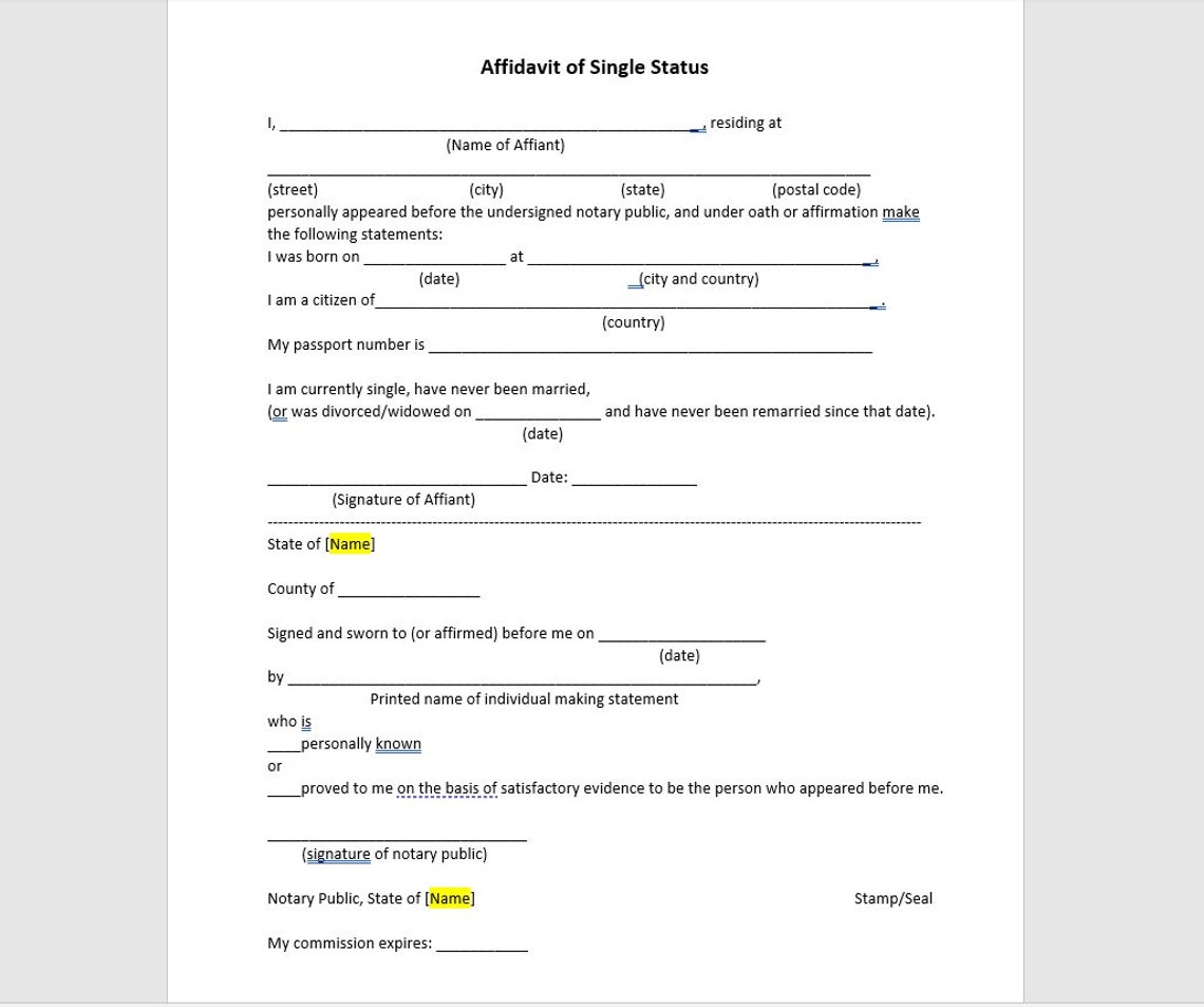 Affidavit of Single Status Notary Form, Affidavit of Single Status Form ...