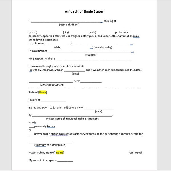 Affidavit of Single Status - Etsy