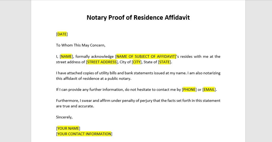 Notary Proof of Residence Form, Proof of Residence Form Template, Proof ...