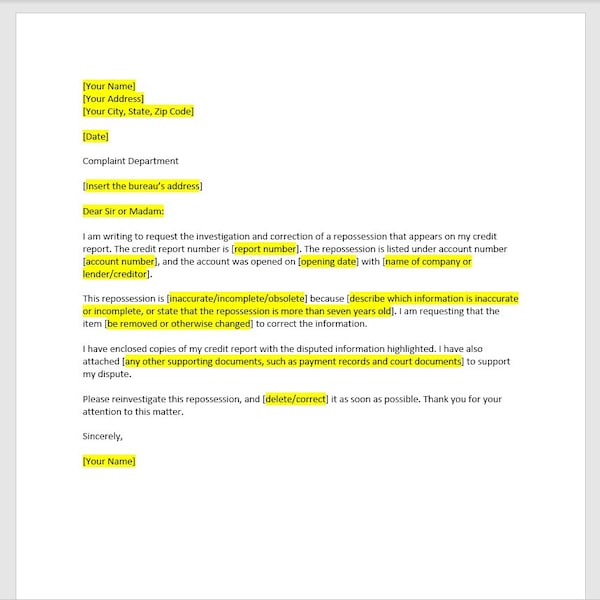 Repossession Letter - Etsy