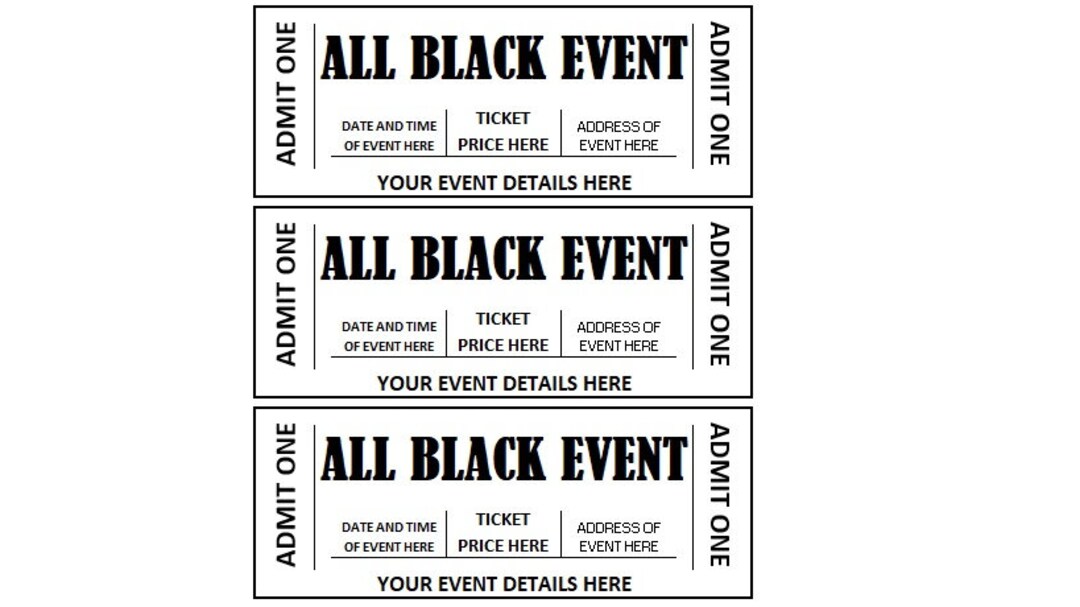 Editable All Black Event Ticket, All Black Ticket Printables, Editable ...