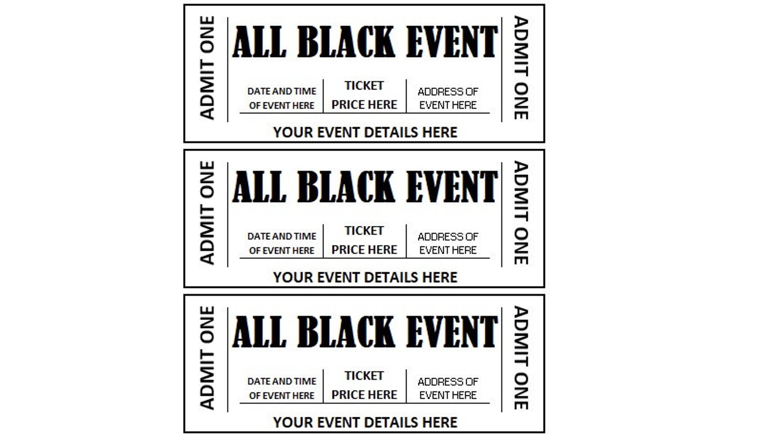 Editable All Black Event Ticket, All Black Ticket Printables, Editable ...