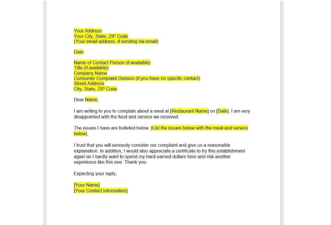 Complaint Letter to a Restaurant Template, Complaint Letter Template ...
