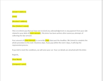 Notice of Repossession, Car Repossession, Notice of Repossession Letter ...