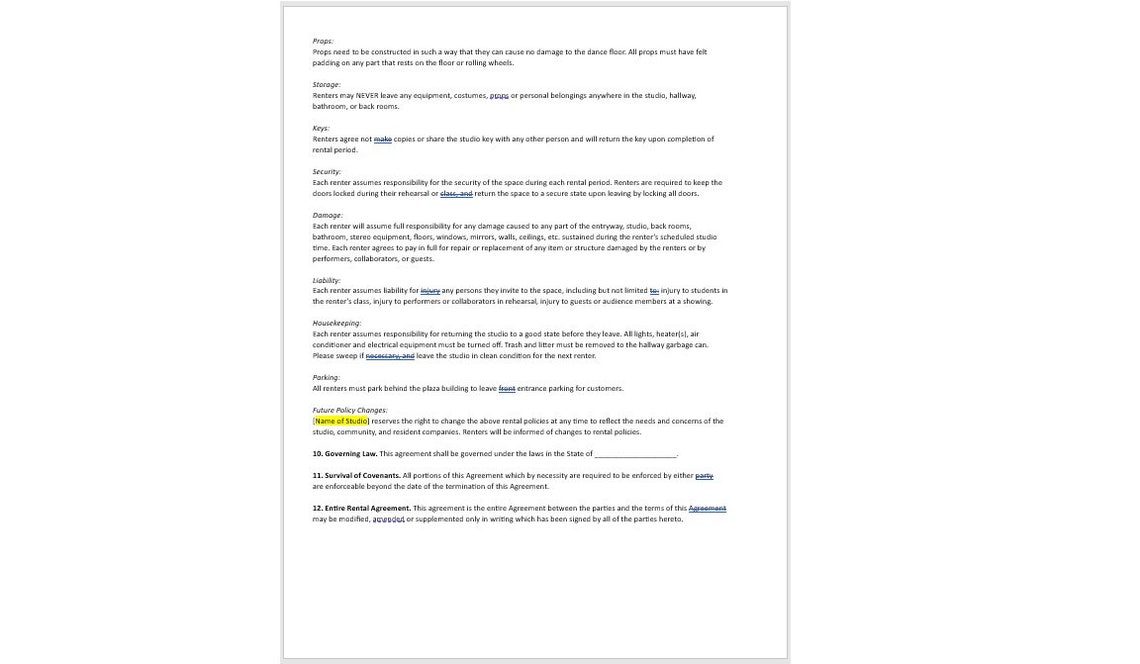 Studio Rental Agreement, Studio Space Rental Agreement Template, Studio ...