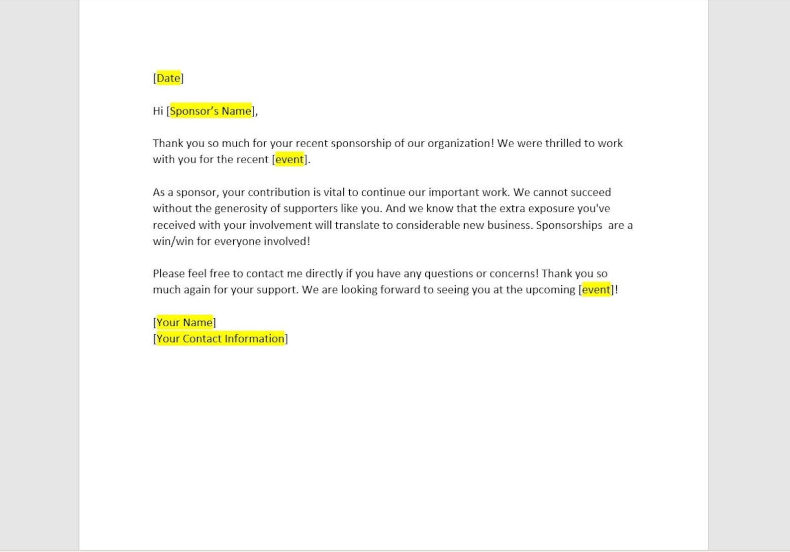 Sponsorship Thank You Letter, Sponsorship Thank You Letter Template ...