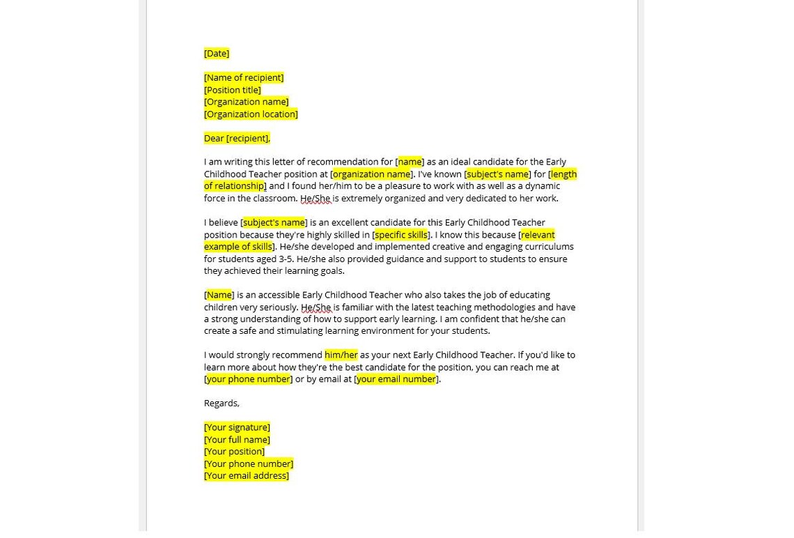 Early Childhood Teacher Recommendation Letter Template, Early Childhood ...
