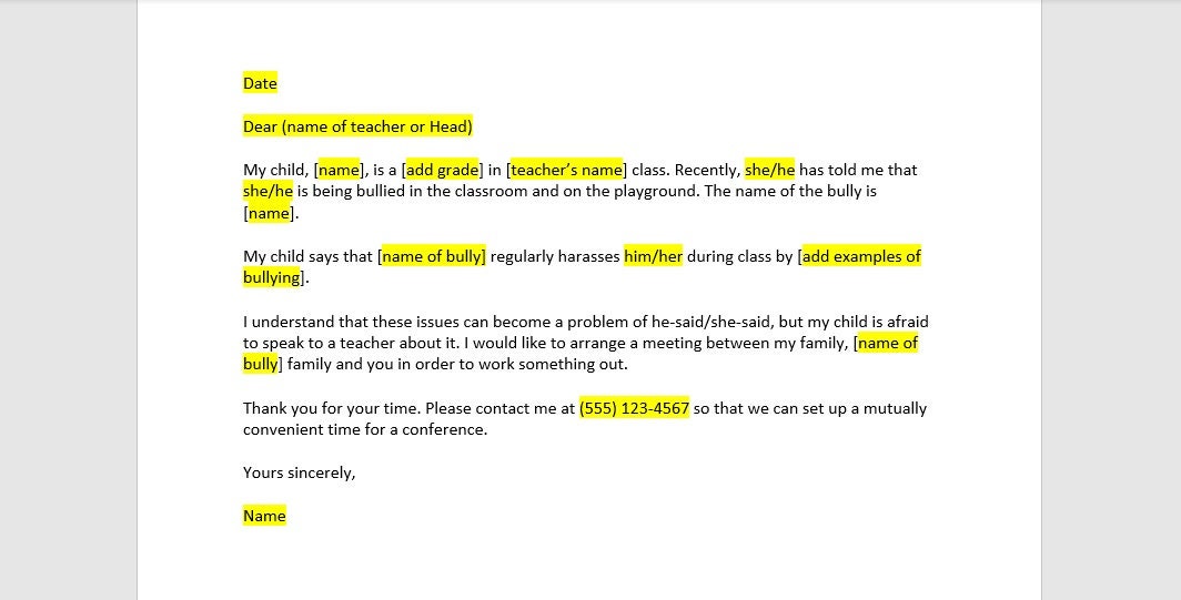 Formal Complaint Regarding Bullying Letter Template, Formal Complaint ...