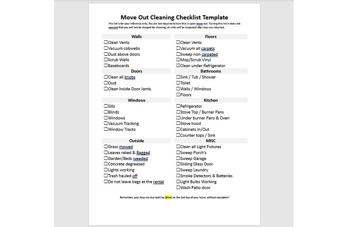 Landlord Move Out Cleaning Checklist, Editable Move Out Cleaning ...