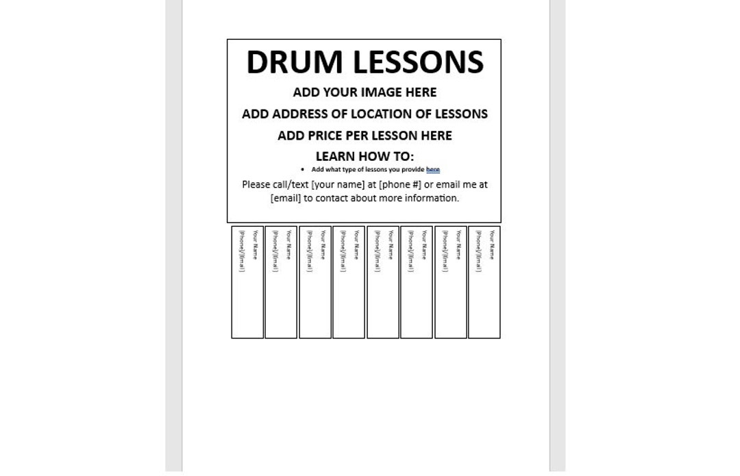 Editable Drum Lessons Tear-off Flyer, Drum Lessons Tear-off Flyer ...