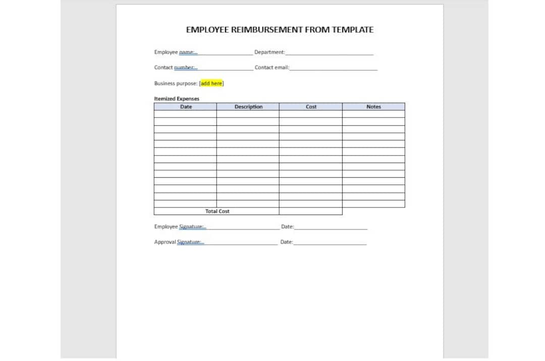 Editable Reimbursement Form, Employment Reimbursement Template ...