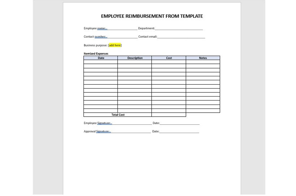 Editable Reimbursement Form, Employment Reimbursement Template ...