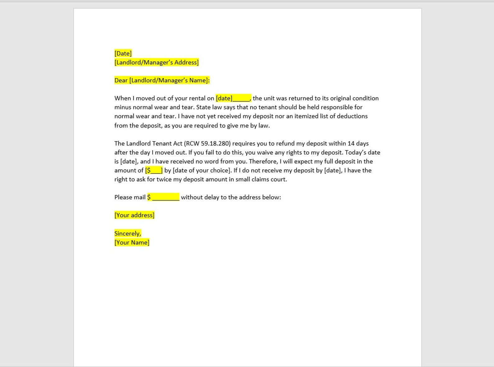 Request for Deposit Return Letter Template Request for - Etsy