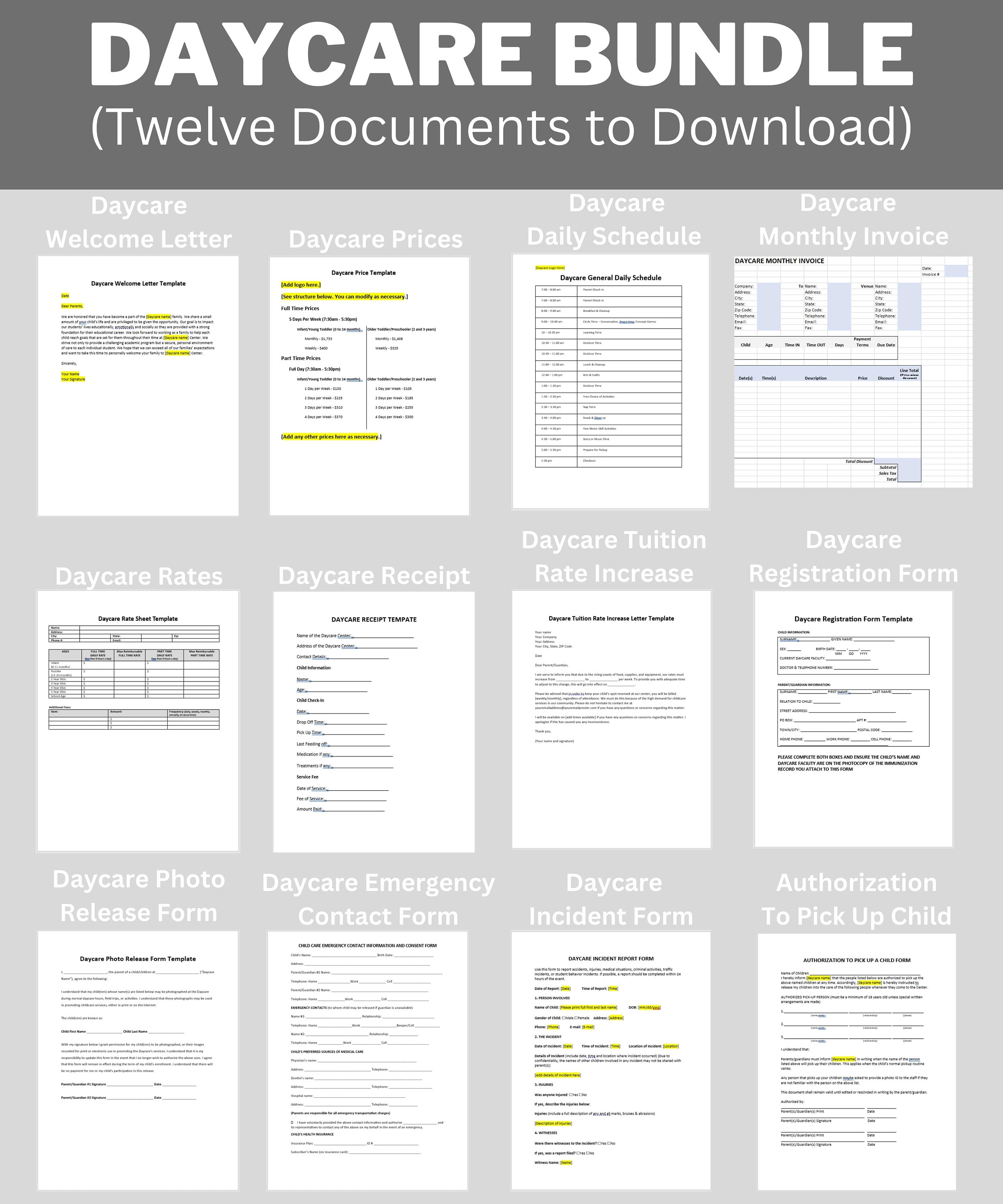 Set of 12 Daycare Template Bundle Daycare Forms Bundle - Etsy