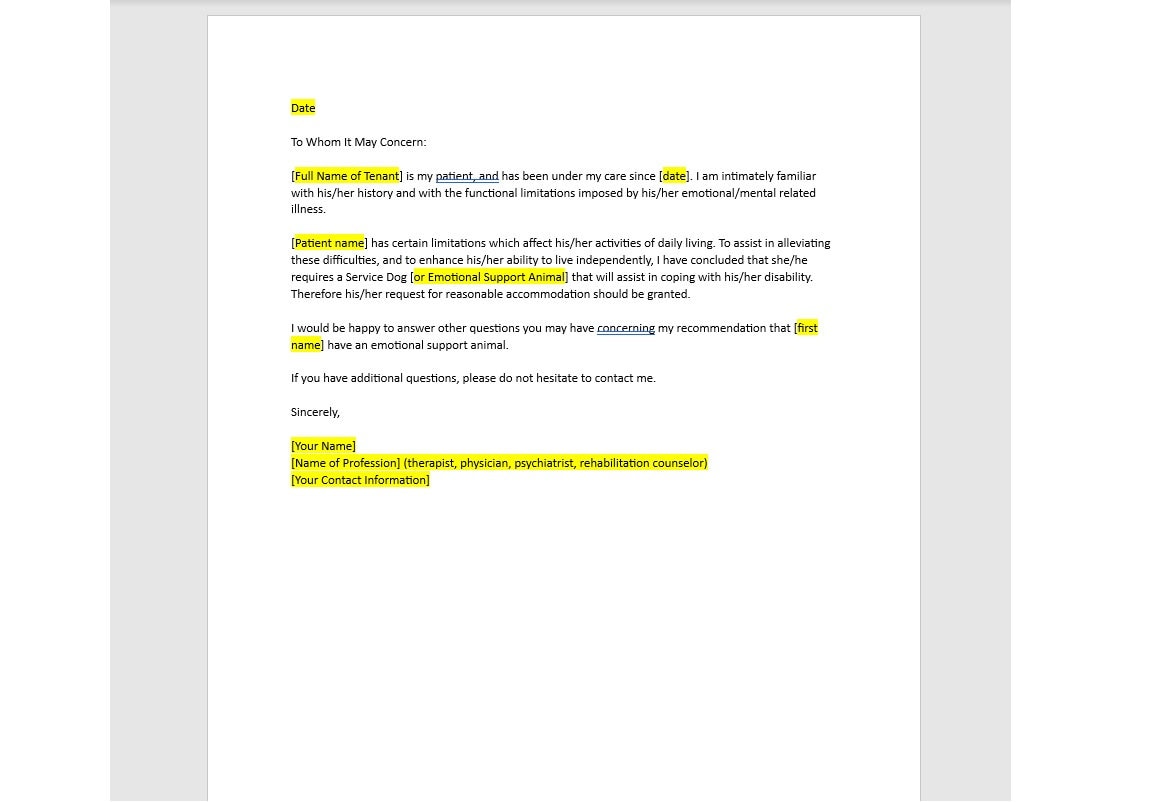 Editable Sample Letter for Companion Animal, Emotional Support Animal ...