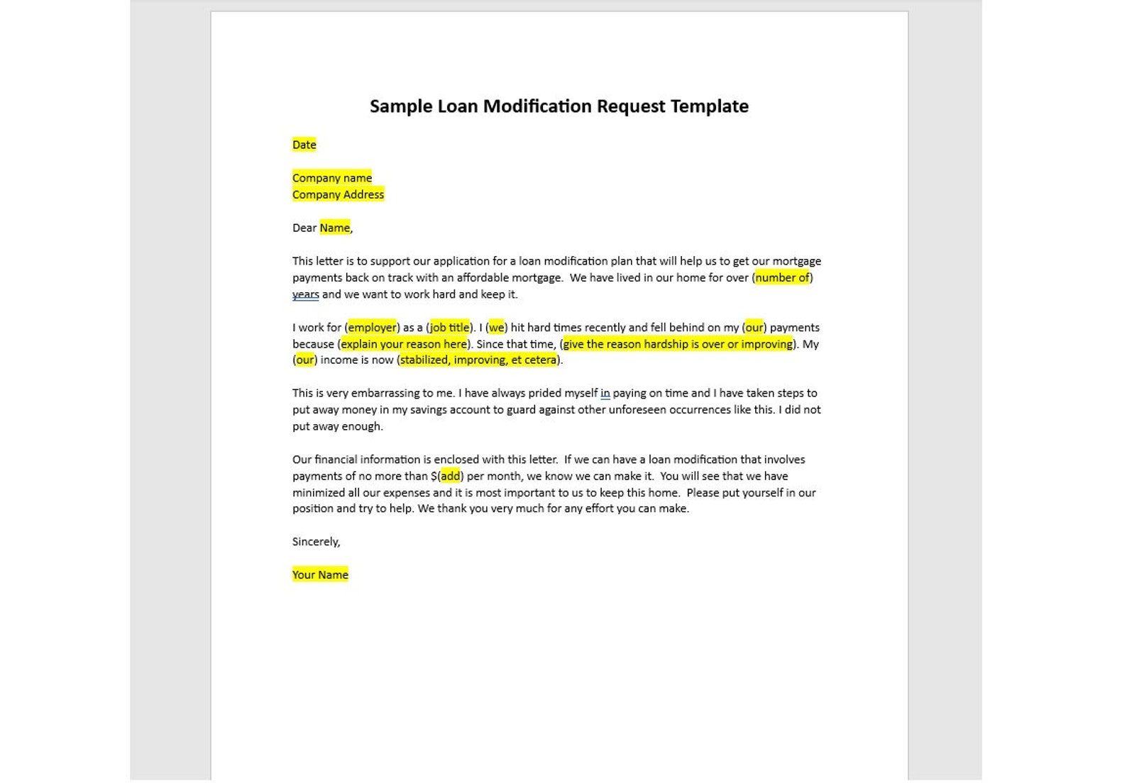 Editable Mortgage Loan Modification Request Letter Template ...