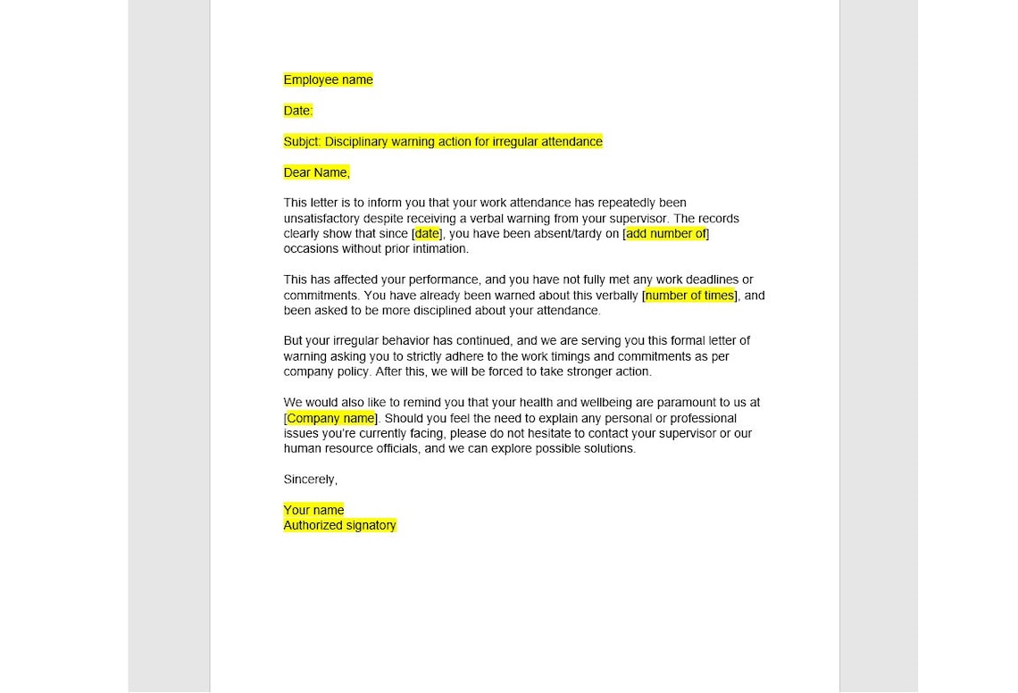 Irregular Attendance Warning Letter, Employee Warning Letter Template ...