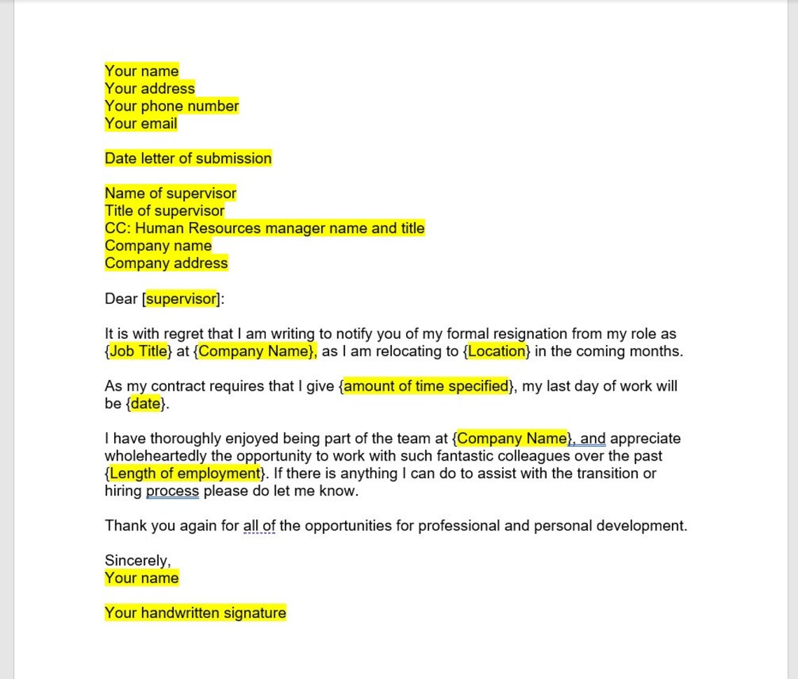 Relocation Resignation Letter, Resignation Letter, Resignation Template ...