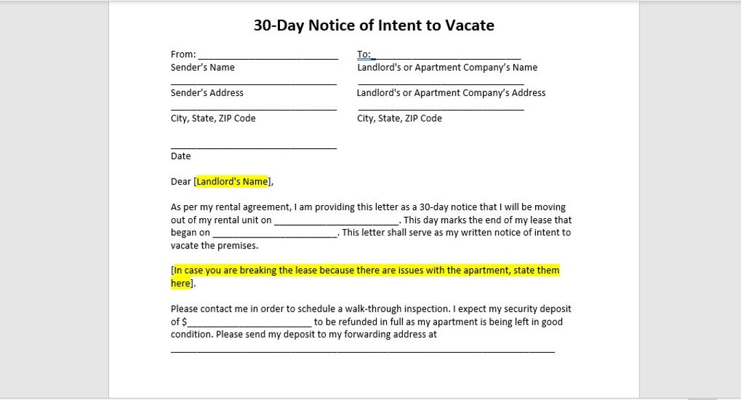 30 Day Notice to Vacate Letter Template, Notice to Vacate Letter ...