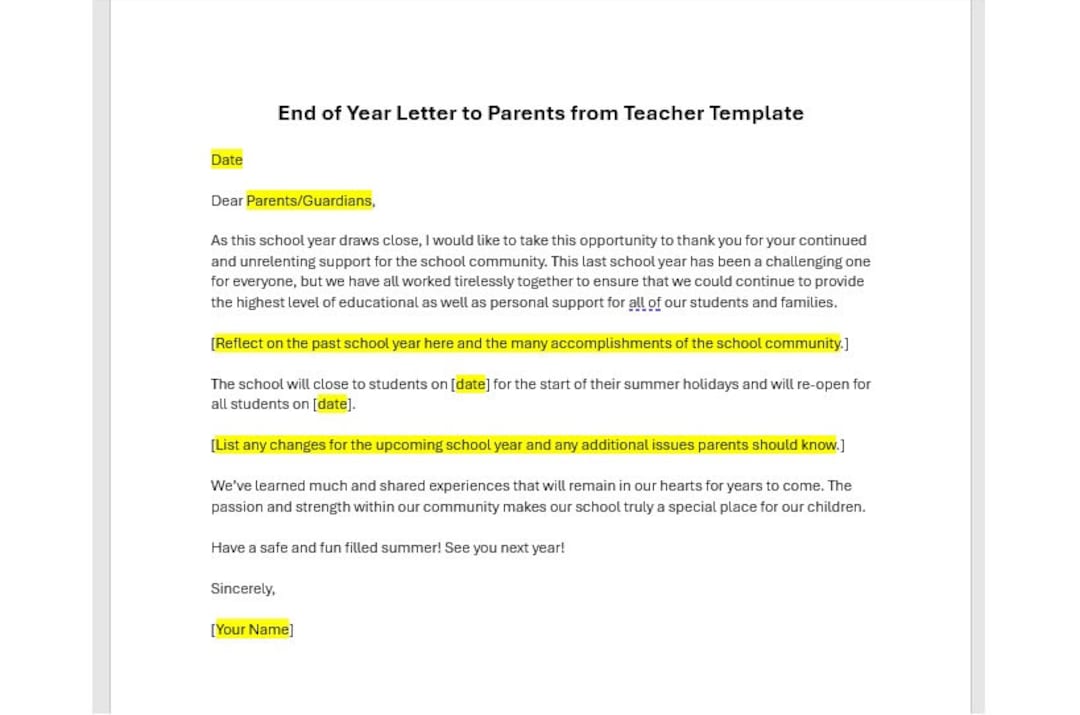 End of Year Letter to Parents From Teacher Template, Letter to Parents ...