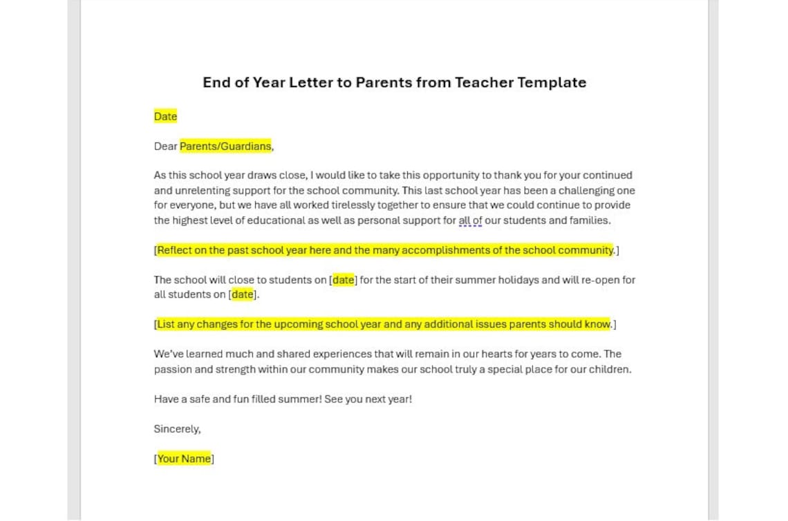 End of Year Letter to Parents From Teacher Template, Letter to Parents ...