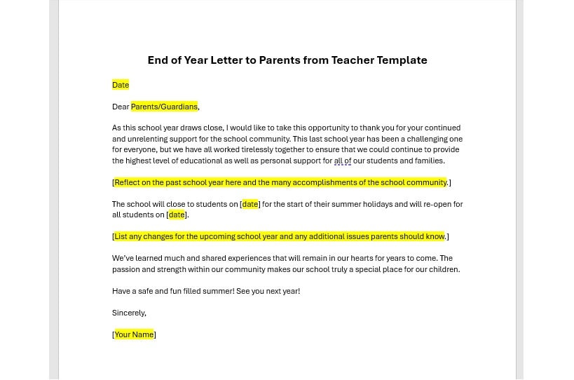 End of Year Letter to Parents From Teacher Template, Letter to Parents ...